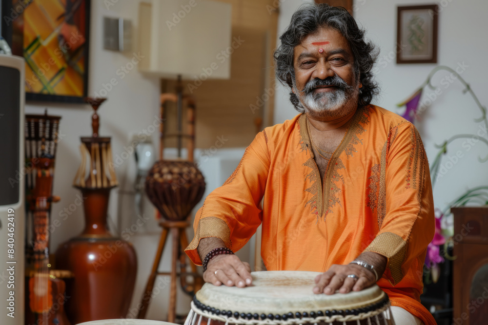 an Indian man hosting a virtual tabla lesson from his home studio, with ...