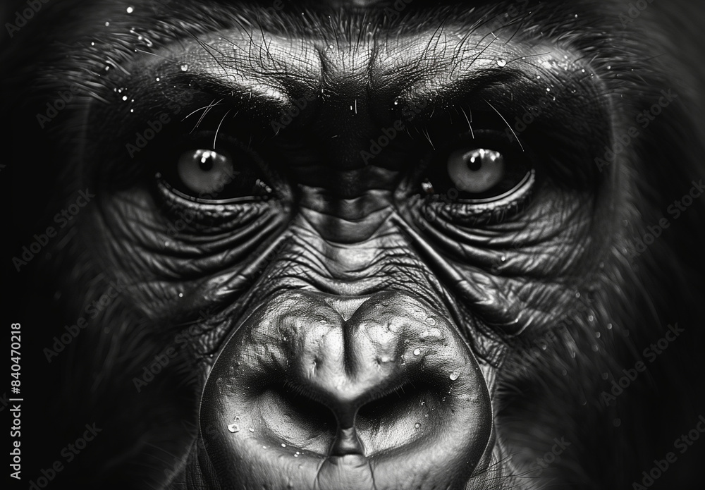 A close up portrait face of a powerful dominant male gorilla on black ...