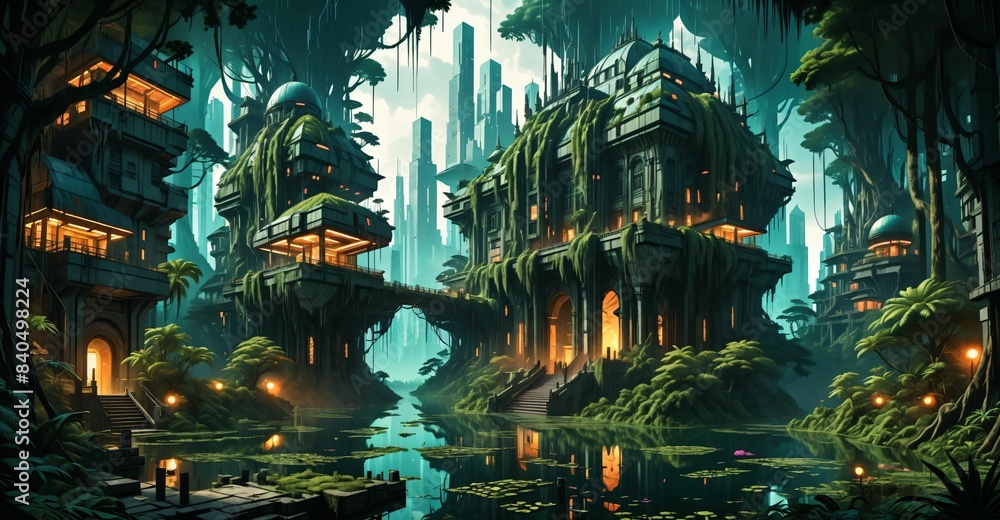 gothic baroque city monument building in forest island marsh wetland ...