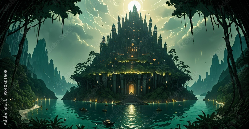 gothic cyberpunk city base island forest surrounded by ocean sea water ...