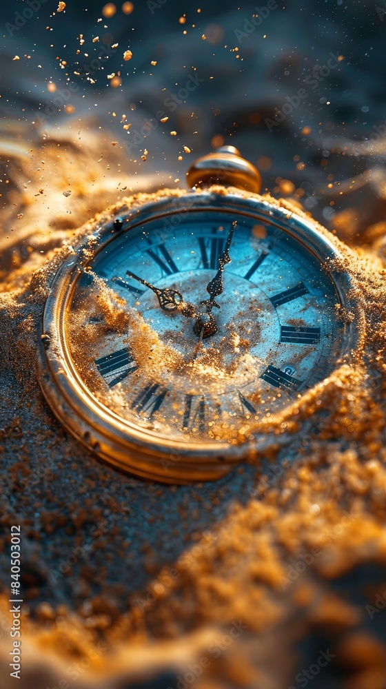 Sand dunes under the scorching sun,Closeup of an old clock face buried ...