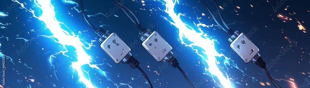 Three electrical plugs with lightning sparks in background, depicting ...