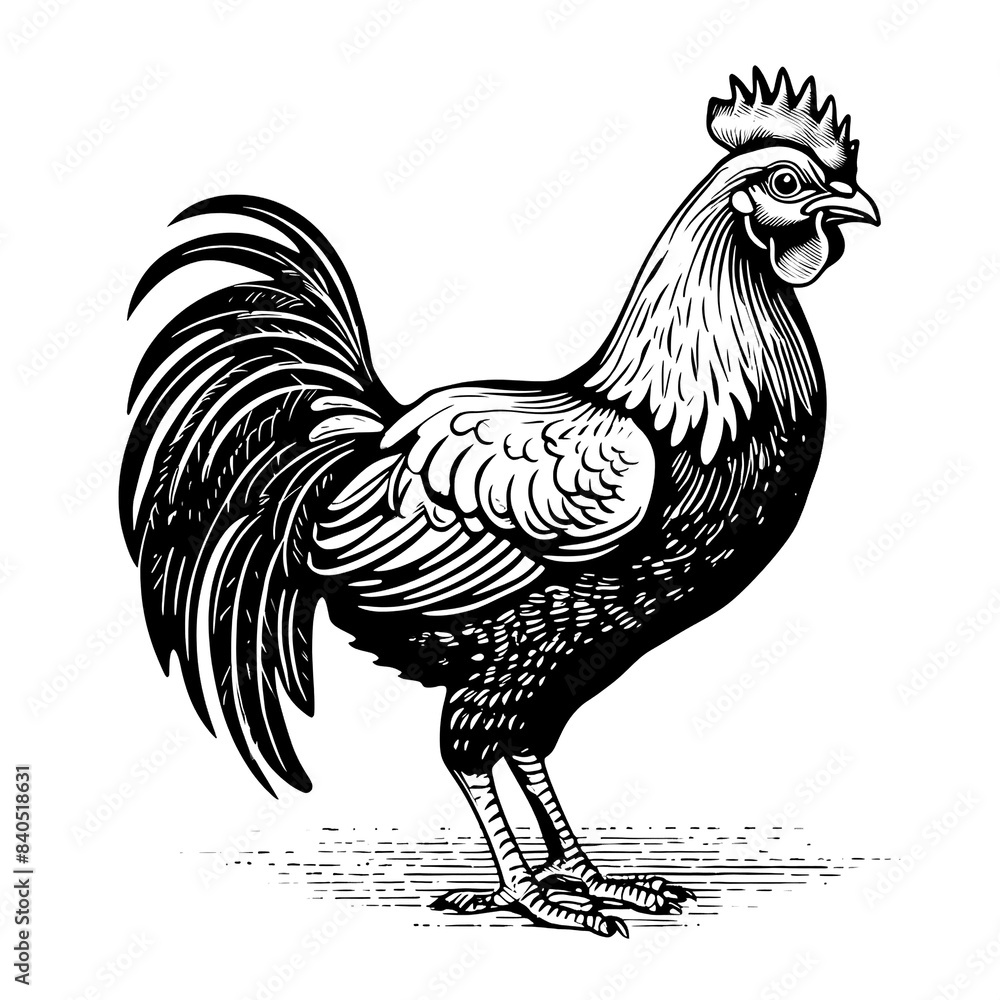 rooster in woodcut style, side view, full figure, isolated, black and ...