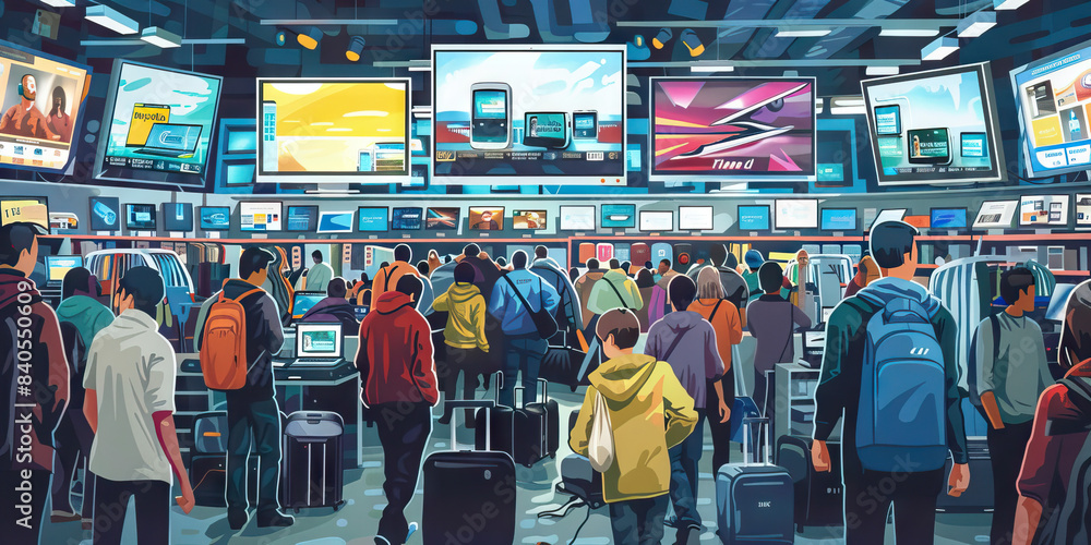 Electronics Store Extravaganza: Illustration of a crowded electronics ...