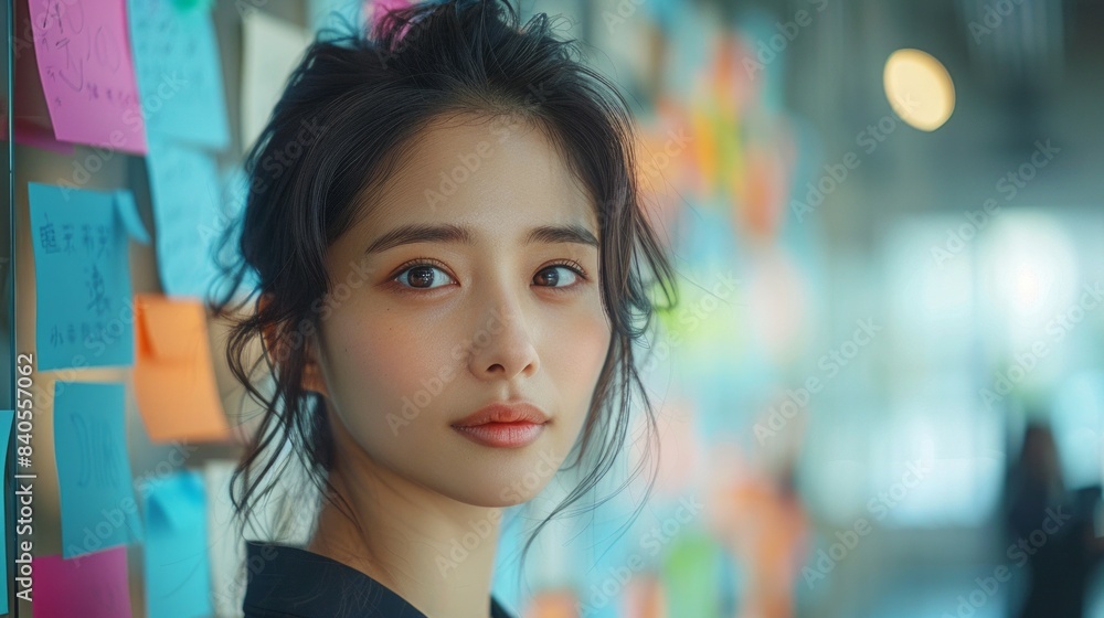 Foto de Stock a young woman leader review company goal setting notes on ...