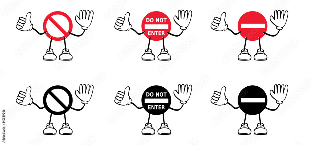 Comics types, cartoon mascot walkway or losed. Stop hand, halt allowed ...
