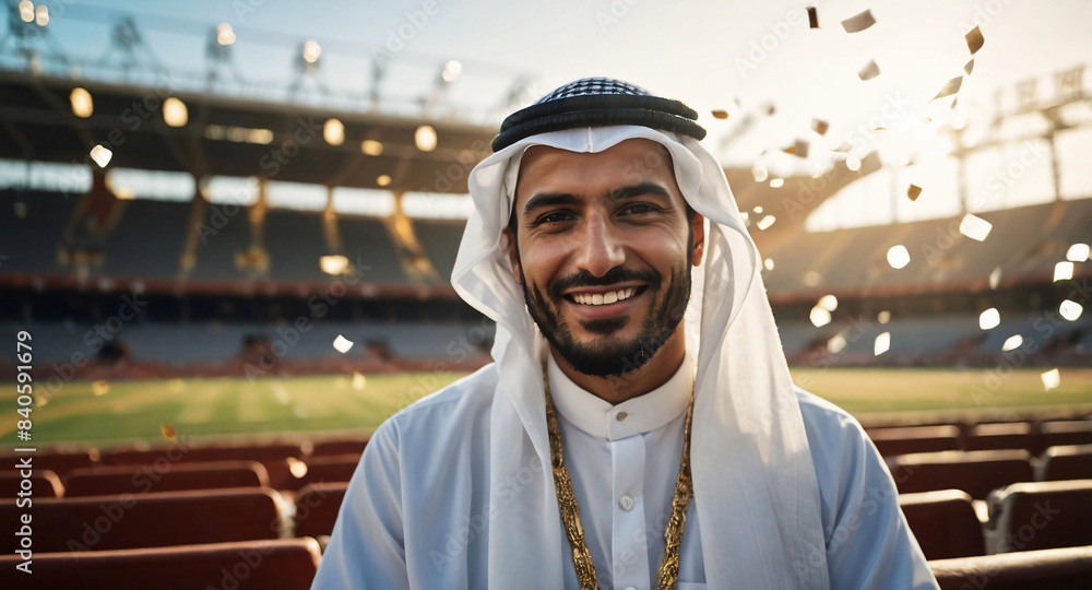 Smiling Arab football fan supporting Saudi Arabia national team in ...