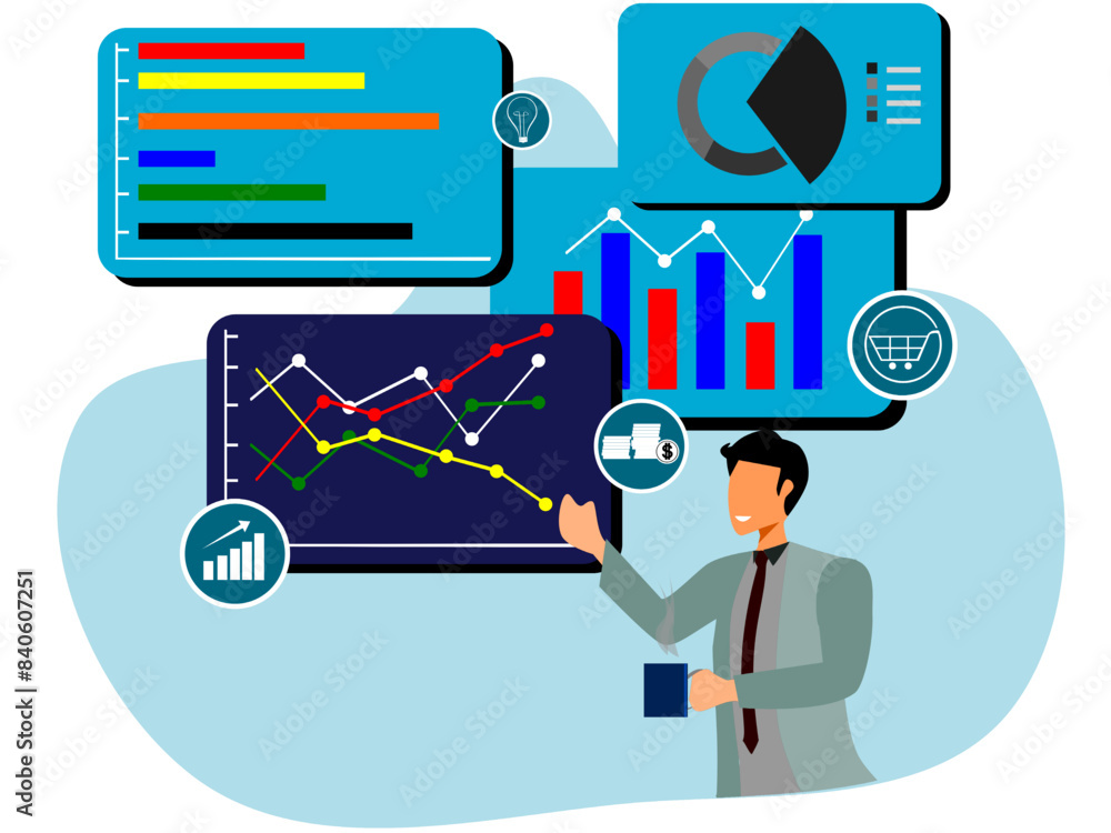 Investor with digital stock market charts, collection of charts ...