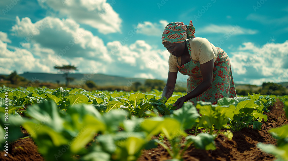 african woman farmer in traditional dress working in vegetable field ...