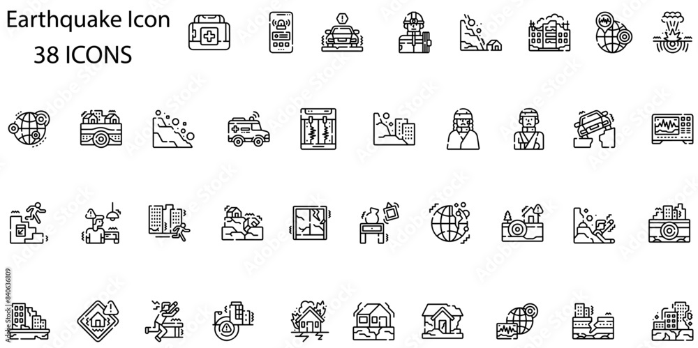 Earthquake icons related to evacuation, disasters, emergencies ...