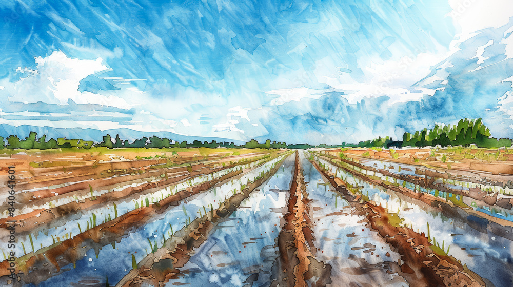 Watercolor illustration of an over-irrigated field leading to ...