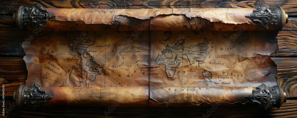 Antique parchment scroll with old world map and ornate metallic handles ...