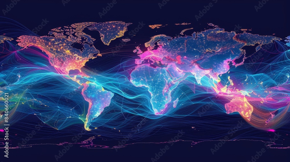 Colorful undersea cable network map showing global data exchange hubs ...