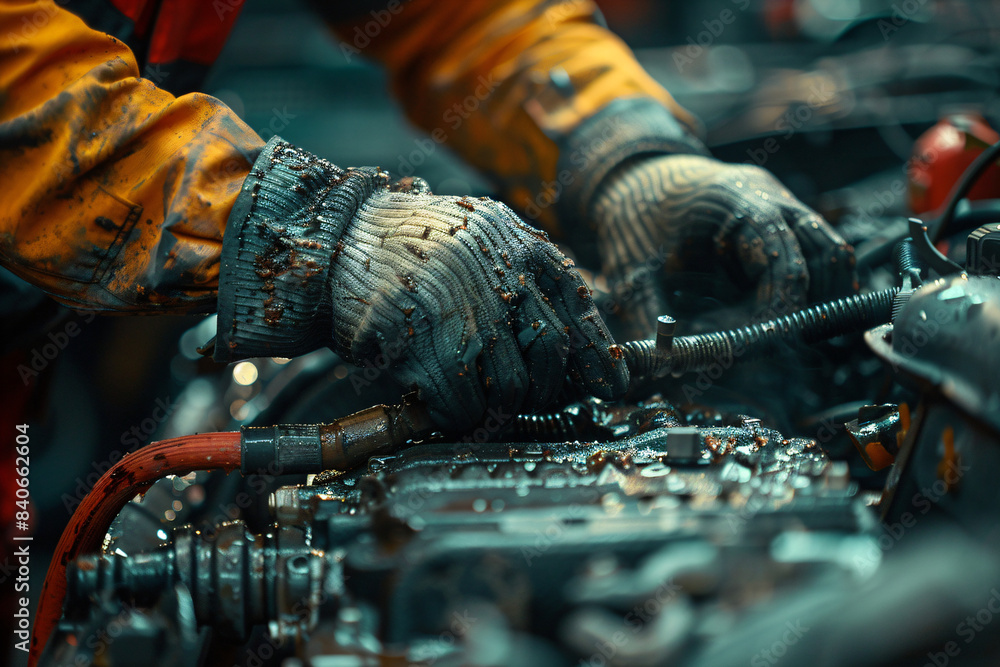 Automotive mechanic repairing car engine in workshop. Close-up shots of ...