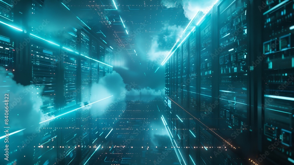 High-tech data center featuring glowing lights, cloud computing ...