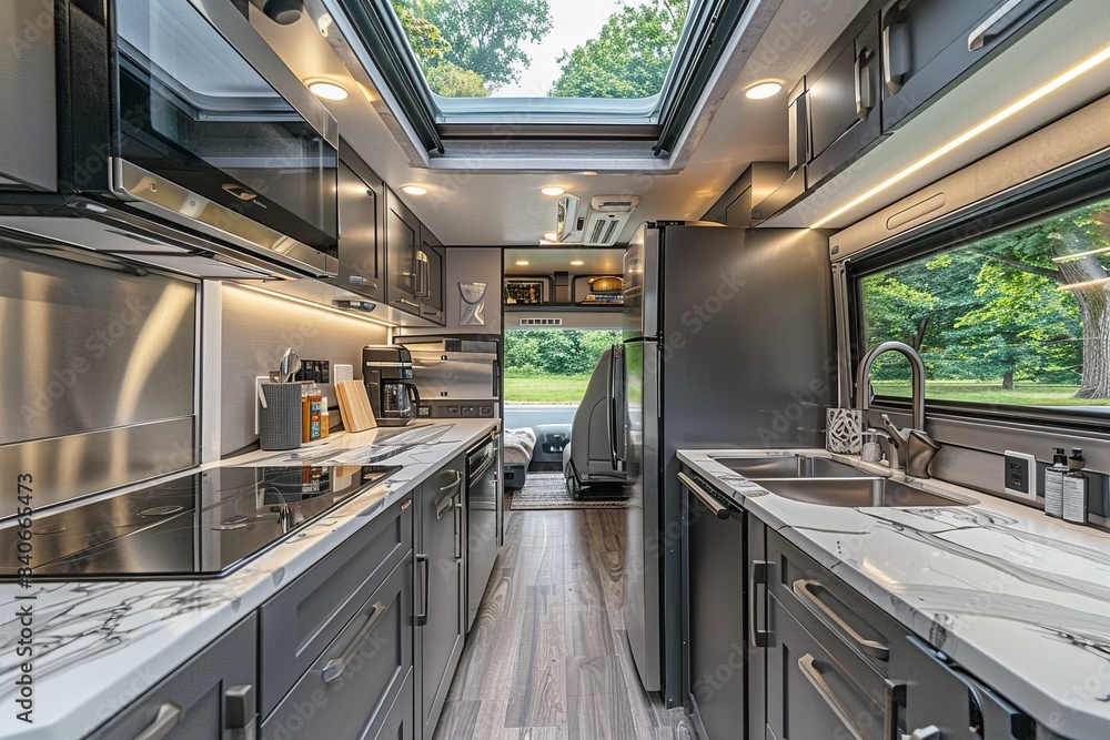 Modern luxury RV kitchen interior with sleek appliances and ample ...