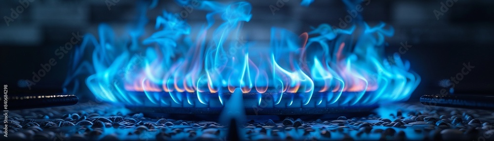Burning blue flames on a stove, dark setting, detailed and vibrant ...