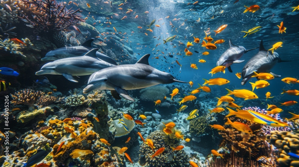 An underwater view of a dolphin pod swimming among schools of colorful ...