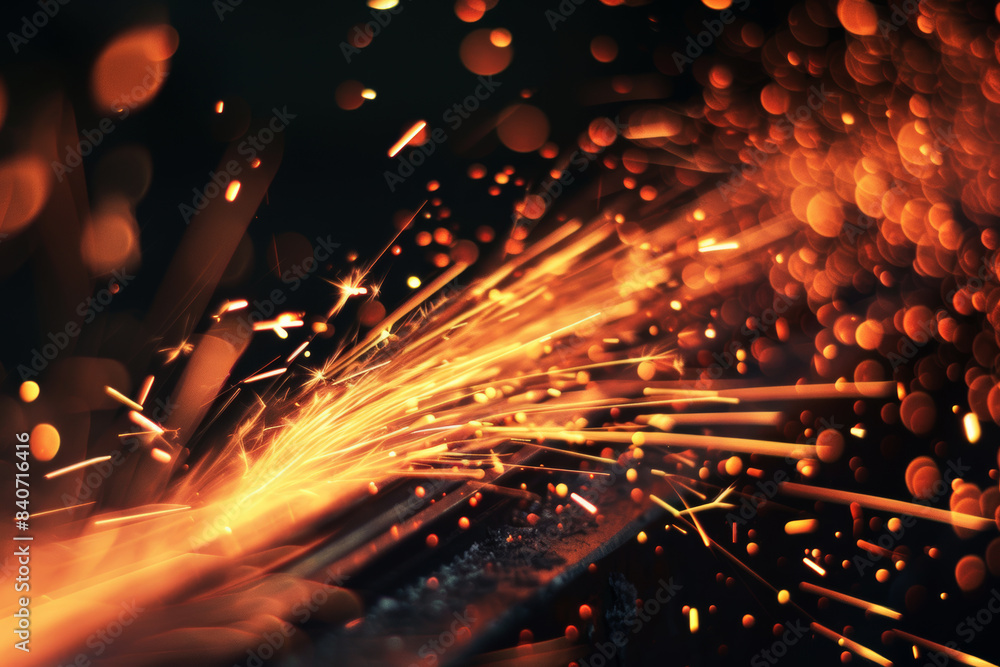 Bright yellow fire sparks during metal cutting, black background ...