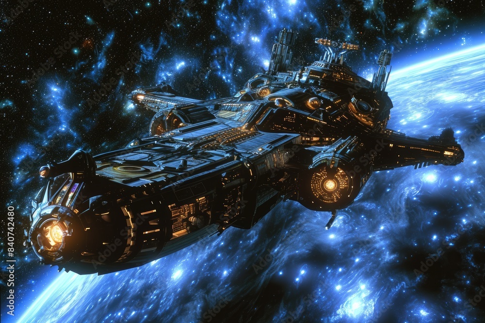 Futuristic, sleek starship; star-studded cosmic backdrop., spaceship ...