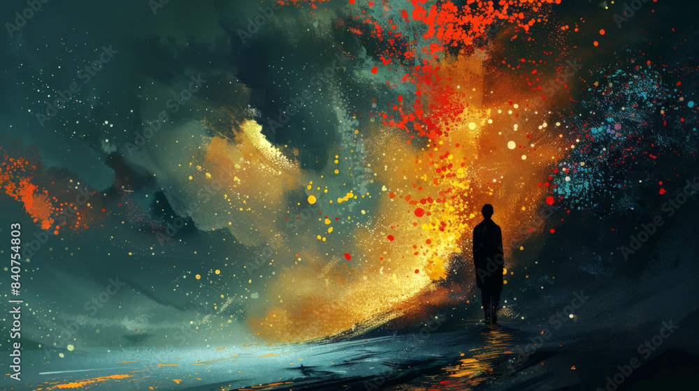 fantasy background of a evocative scene where a solo traveler embarks ...