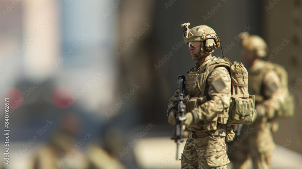 Soldiers stand alert in their full gear, holding rifles, ready for ...