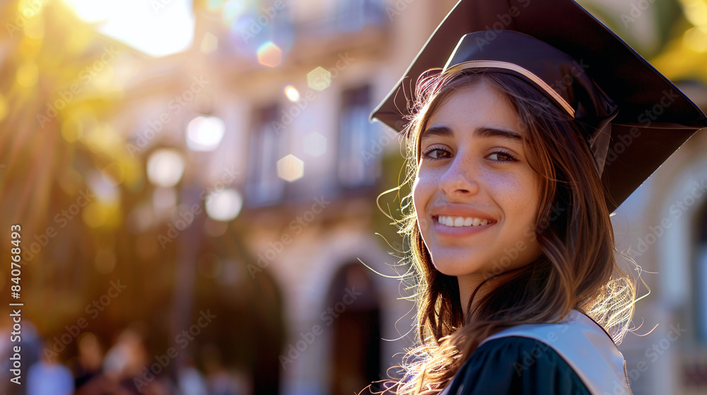 A young woman smiling, wearing a graduation cap, celebrating her ...