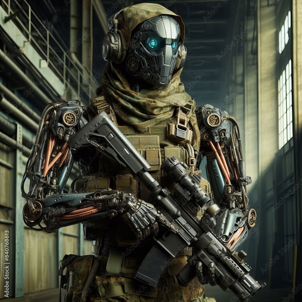 Military cyborg with armored exoskeleton, integrated weapons sys Stock ...
