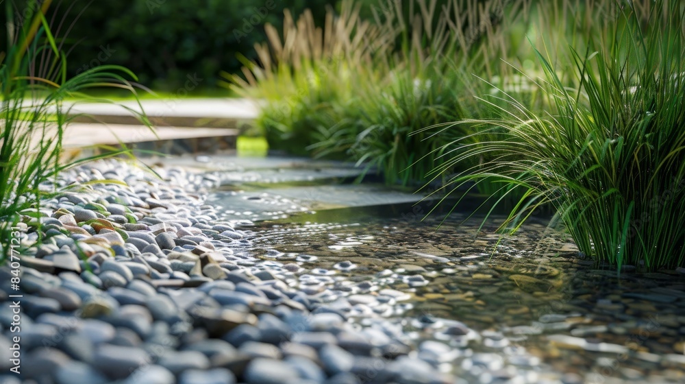 Detailed close-up of a landscape-integrated water harvesting system ...