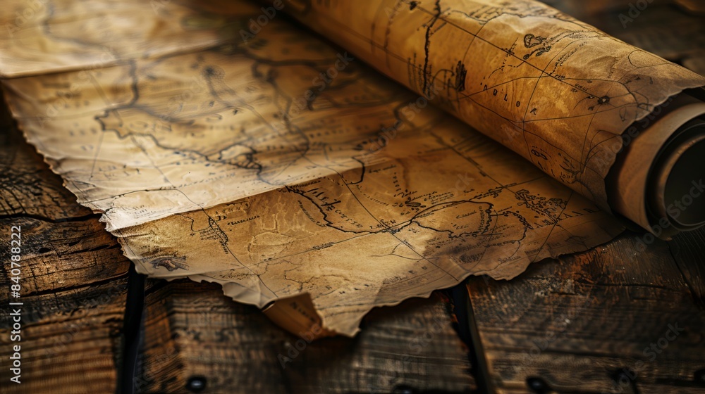 Historical Map: A yellowed historical map is rolled up in an old scroll ...