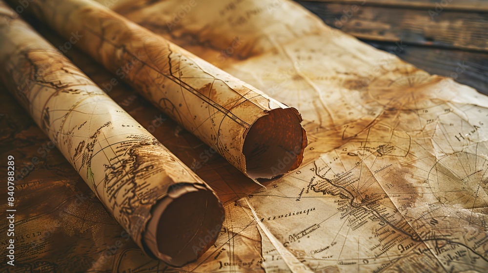 Historical Map: A yellowed historical map is rolled up in an old scroll ...
