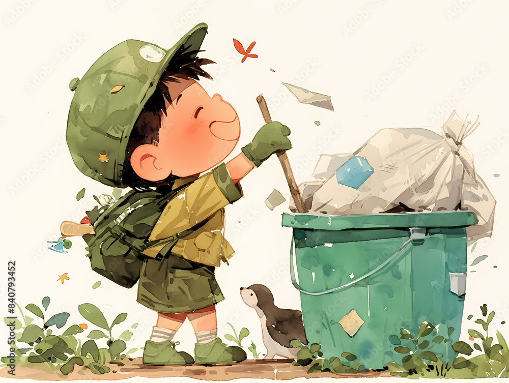 Happy little boy collecting plastic bottles and papers waste with ...