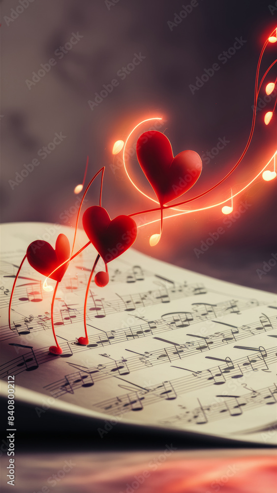 A close-up sheet of music with breathtaking heart-shaped notes that ...