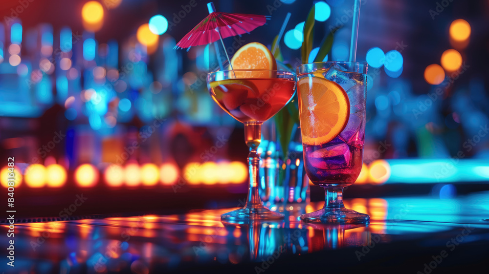 Colorful cocktails in a glass on the bar counter, neon lights on dark ...