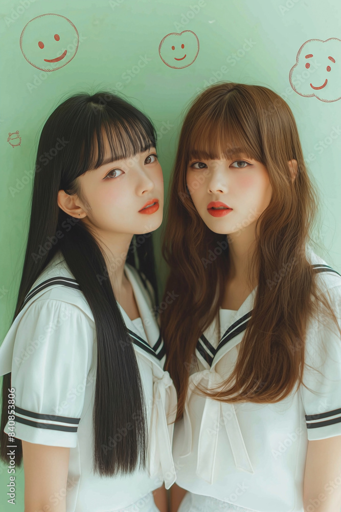 2 Japanese girls in white sailor school uniforms. talking with each ...