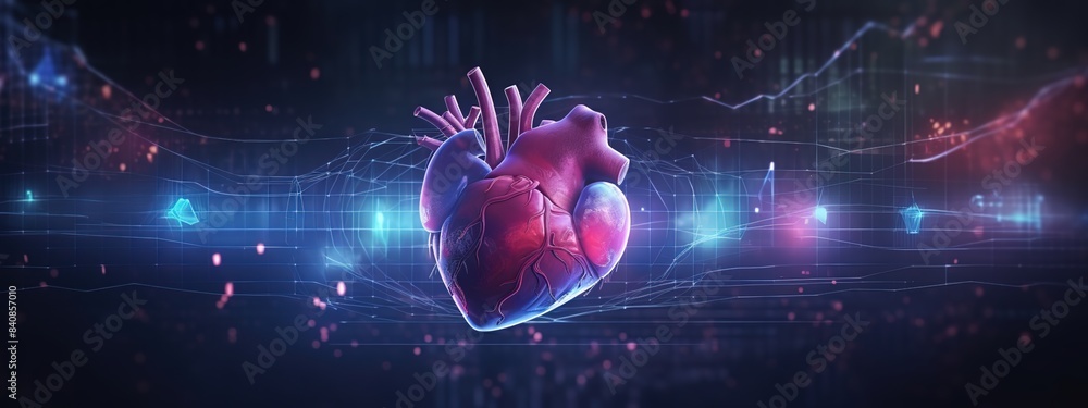 A digital heart with holographic graphs and charts overlaying it ...