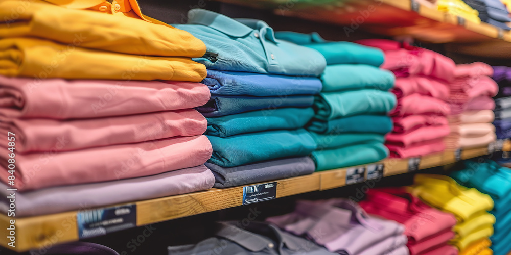 A stack of large amounts of folded clothing. Polo shirts in bright ...