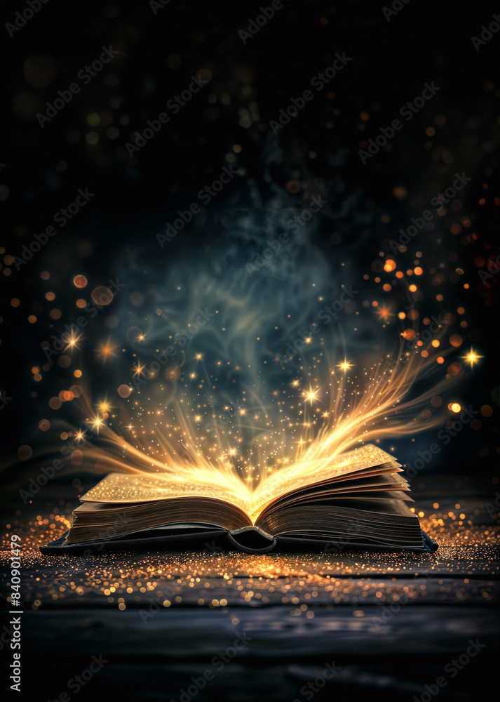 Photo Stock Magic open book on dark background with glitter lights ...
