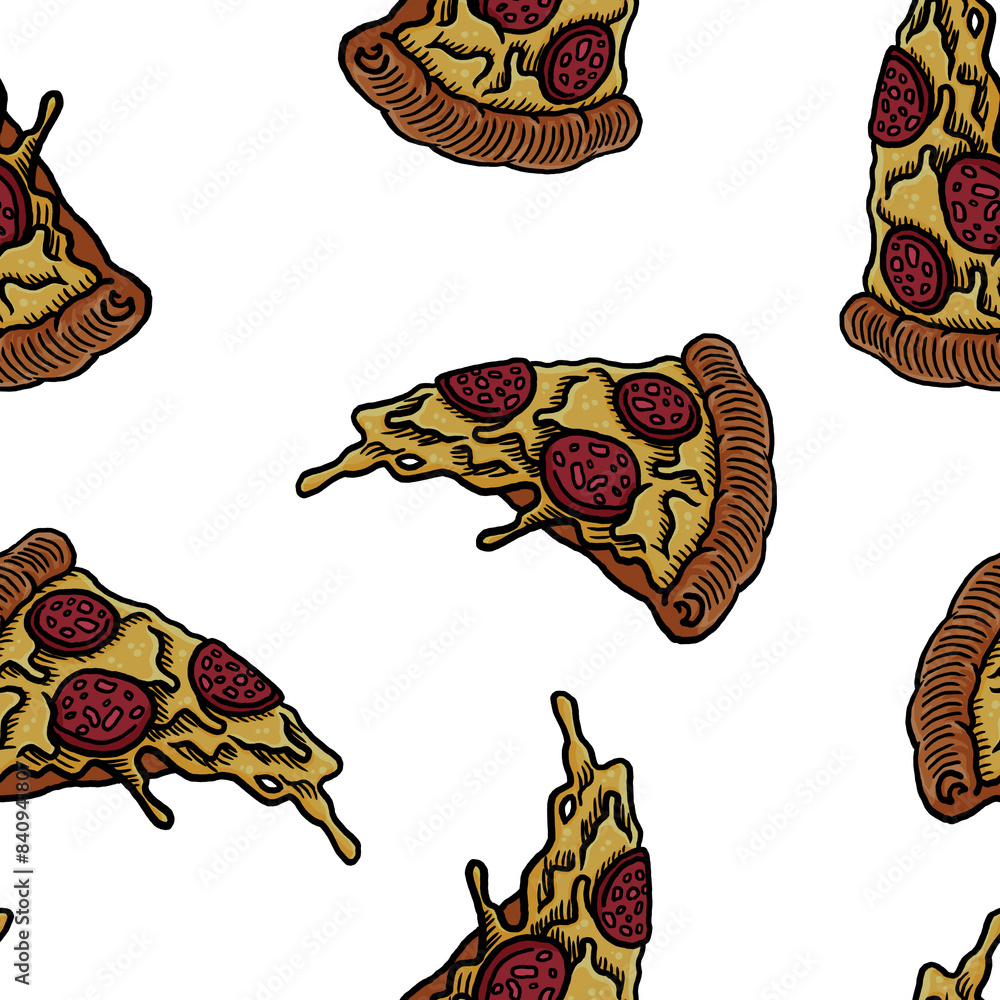 Cartoon pizza slices hand draw illustration seamless texture pattern ...