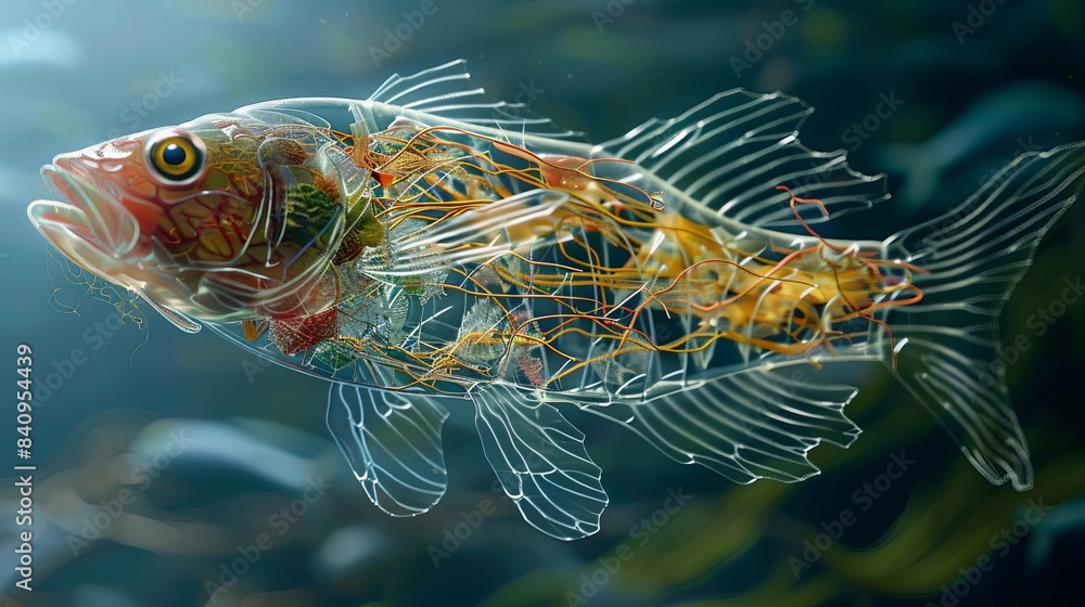 Microplastics in the digestive system of a fish, medical illustration ...