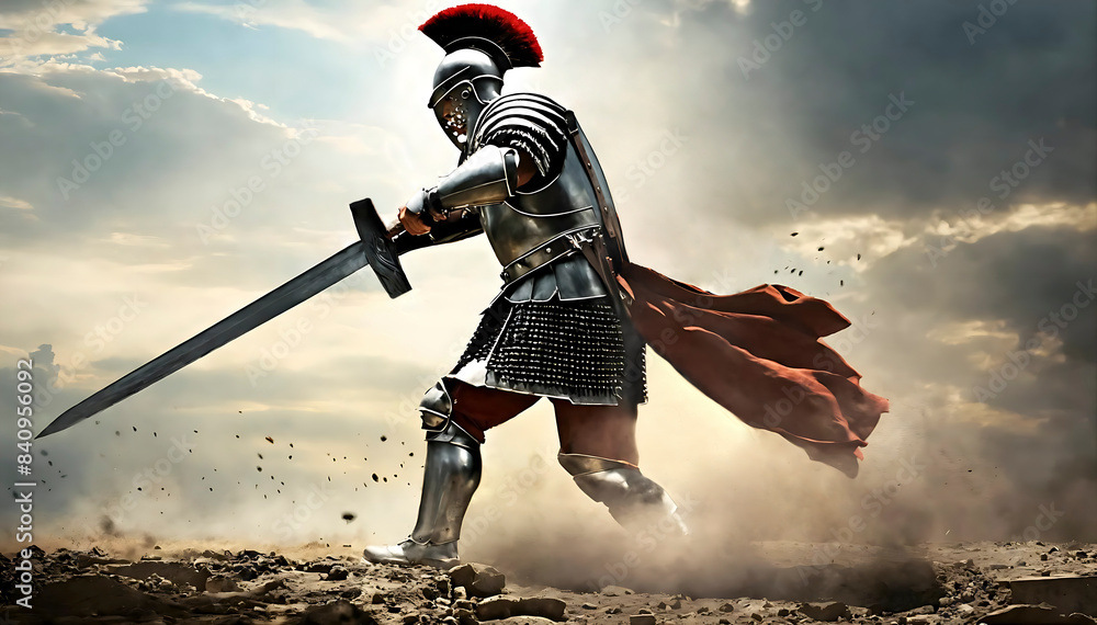 roman warrior in armour and red mantle holding sword, shield in ...
