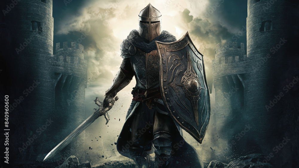 epic powerful medieval knight with sword and metal shield guardian ...