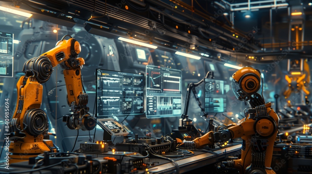 In a futuristic factory, robotic arms seamlessly collaborate with human ...