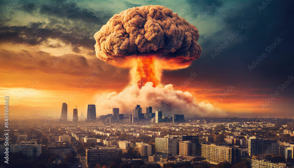 Devastating nuclear explosion depicted by mushroom cloud over city skyline, symbolizing ...