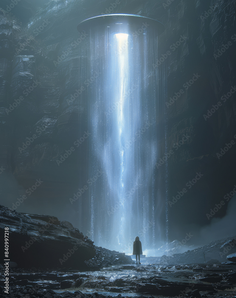 Minimalist design, a giant black UFO blue shines a beam of light ...