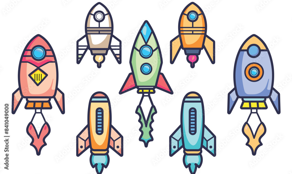 Colorful cartoon rockets vector illustration isolated white background ...