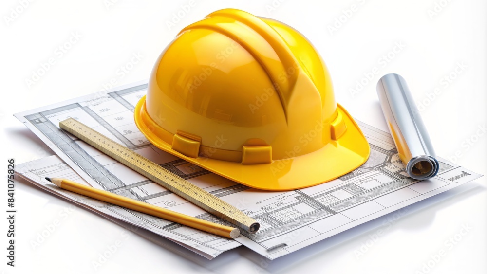 Isolated hard hat surrounded by blueprints, rulers, and other ...