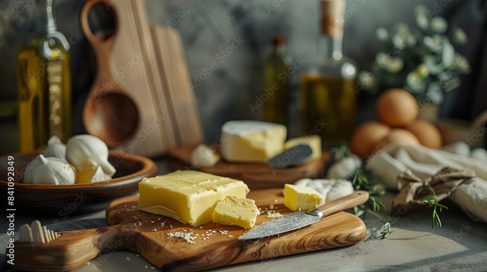 Saturated fat sources like butter and lard, in a kitchen, side view ...