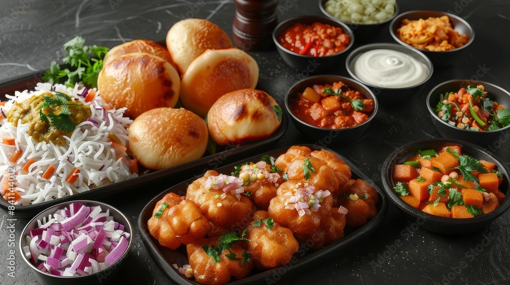 Indian street food pani puri, batata puri, dahi puri, bhel puri, samosa ...