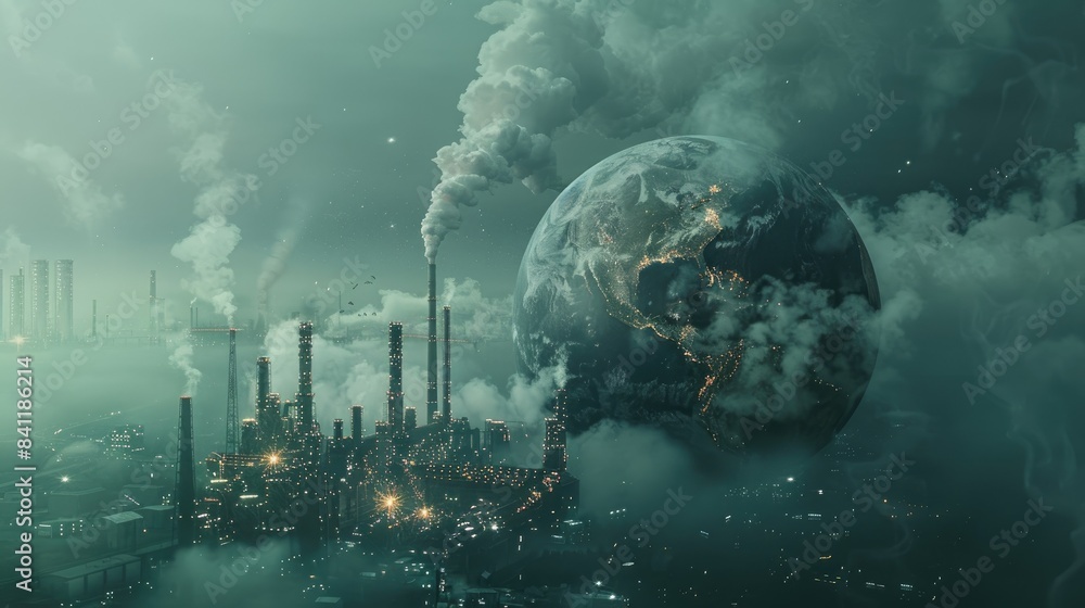 Dark, somber depiction of Earth surrounded by numerous factories ...
